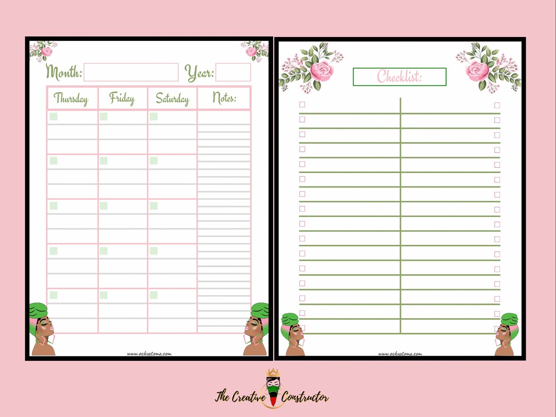 Blank Calendar Pink Floral African American Woman PDF JPEG - Etsy