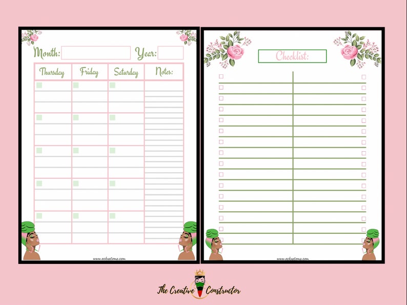 Blank Calendar Pink Floral African American Woman PDF | JPEG | Pink ...