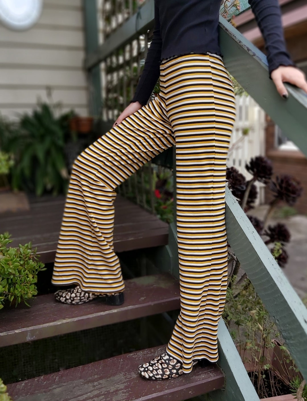 Mustard Black Flares. Kat Pants, Festival, Yoga, 70's. Small, Medium ...