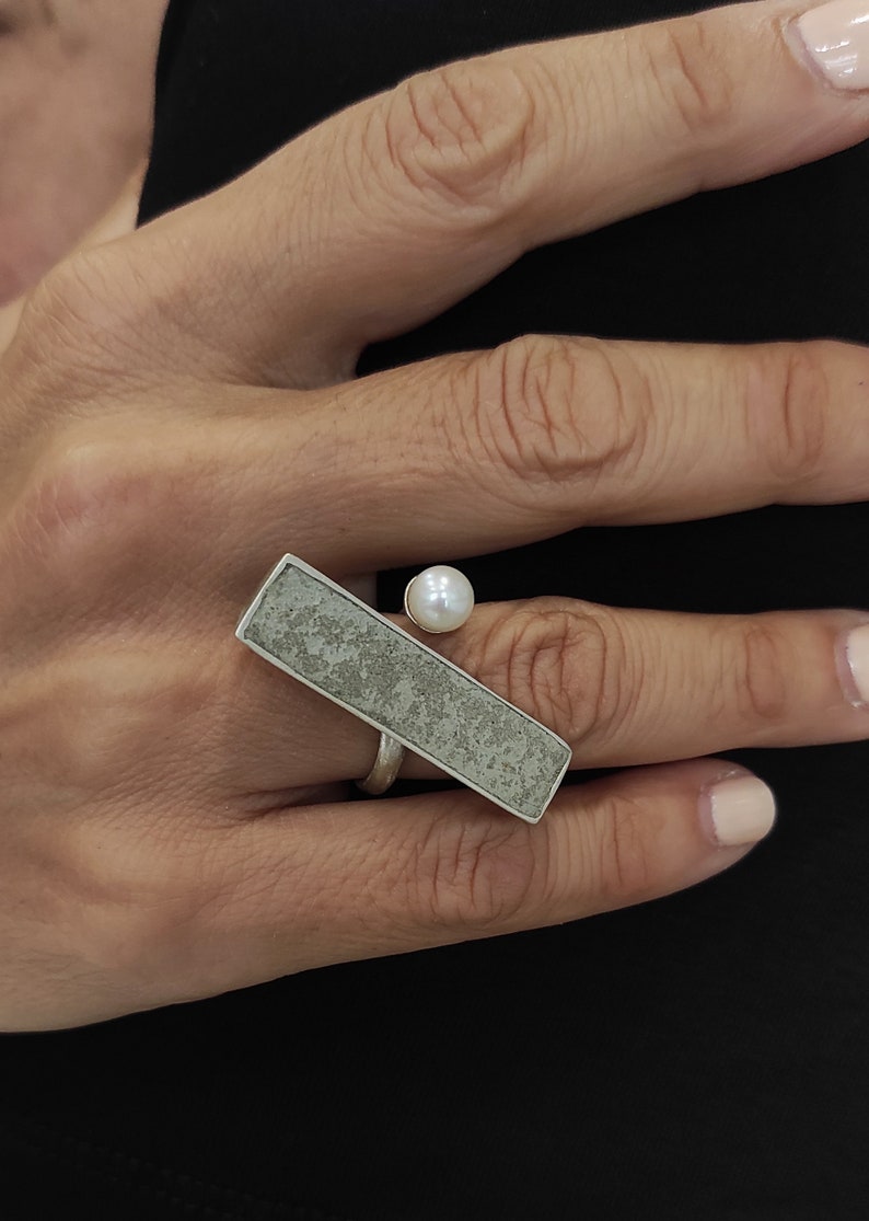 Bar Concrete Silver Ring ,double Open Silver Ring,concrete and Pearl ...