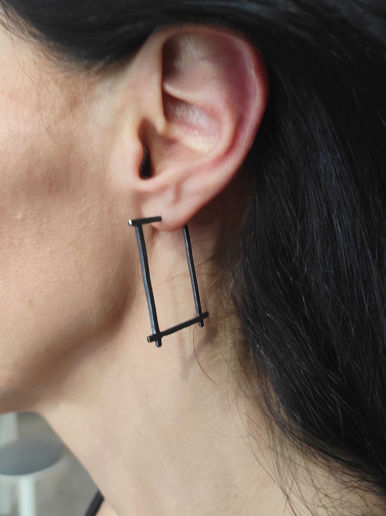 Rectangles Silver Hoop Earrings Oxidized Silver Open Hoop Earrings ...