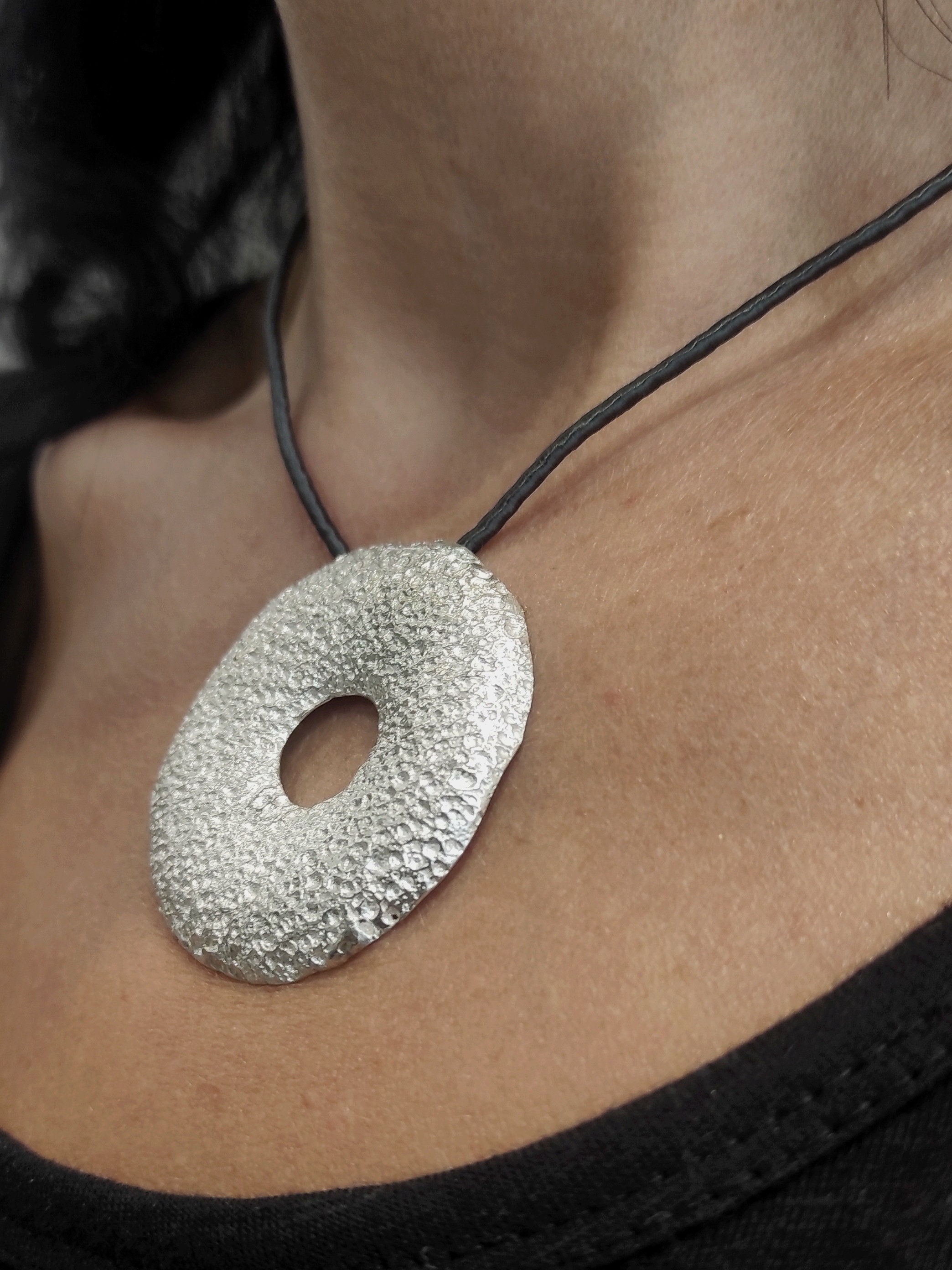 Large Circle Silver Pendant Wide Open Round Pendant Statement Sterling ...