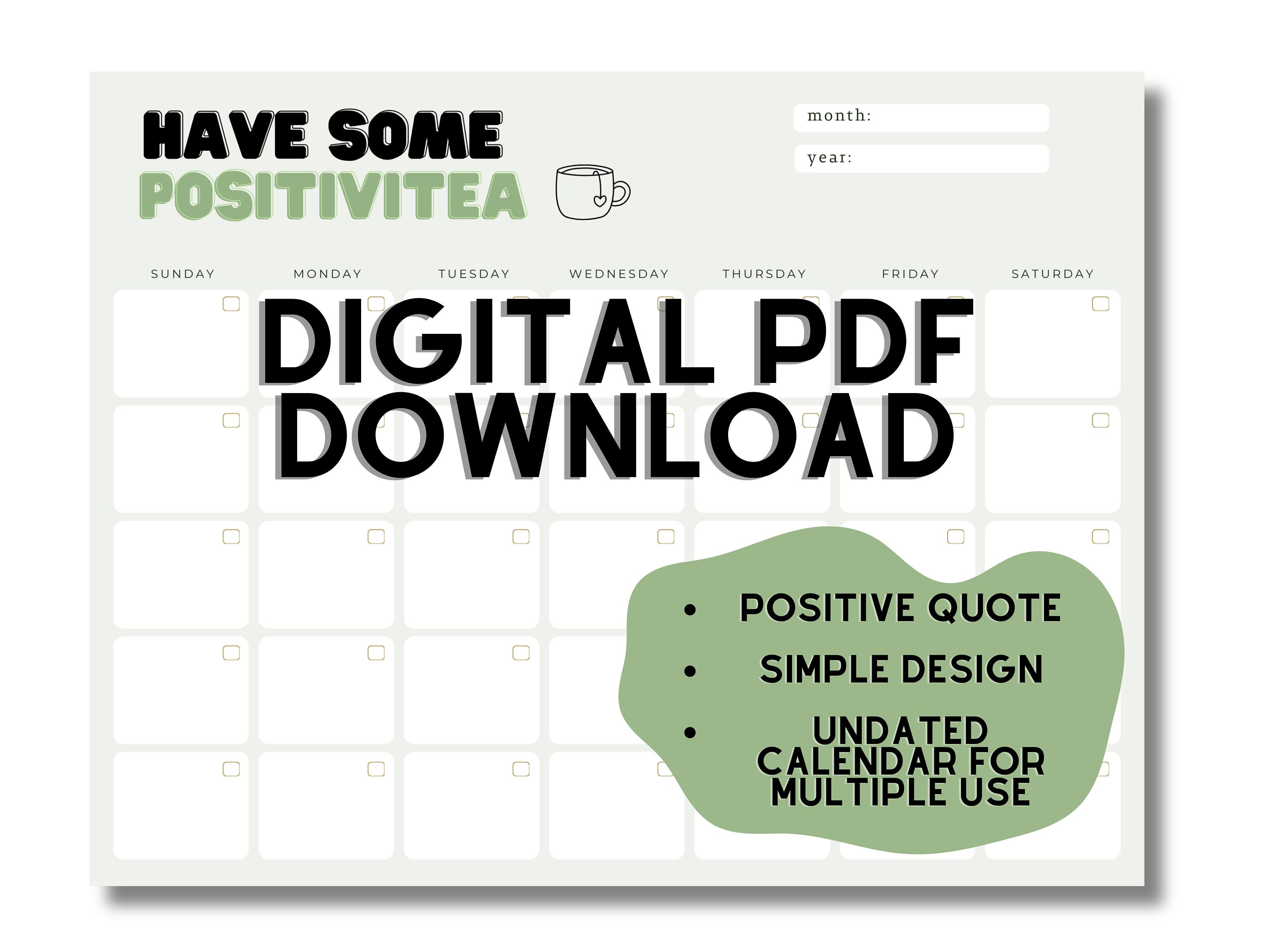 Positive Monthly Calendar- Printable Calendar - Etsy