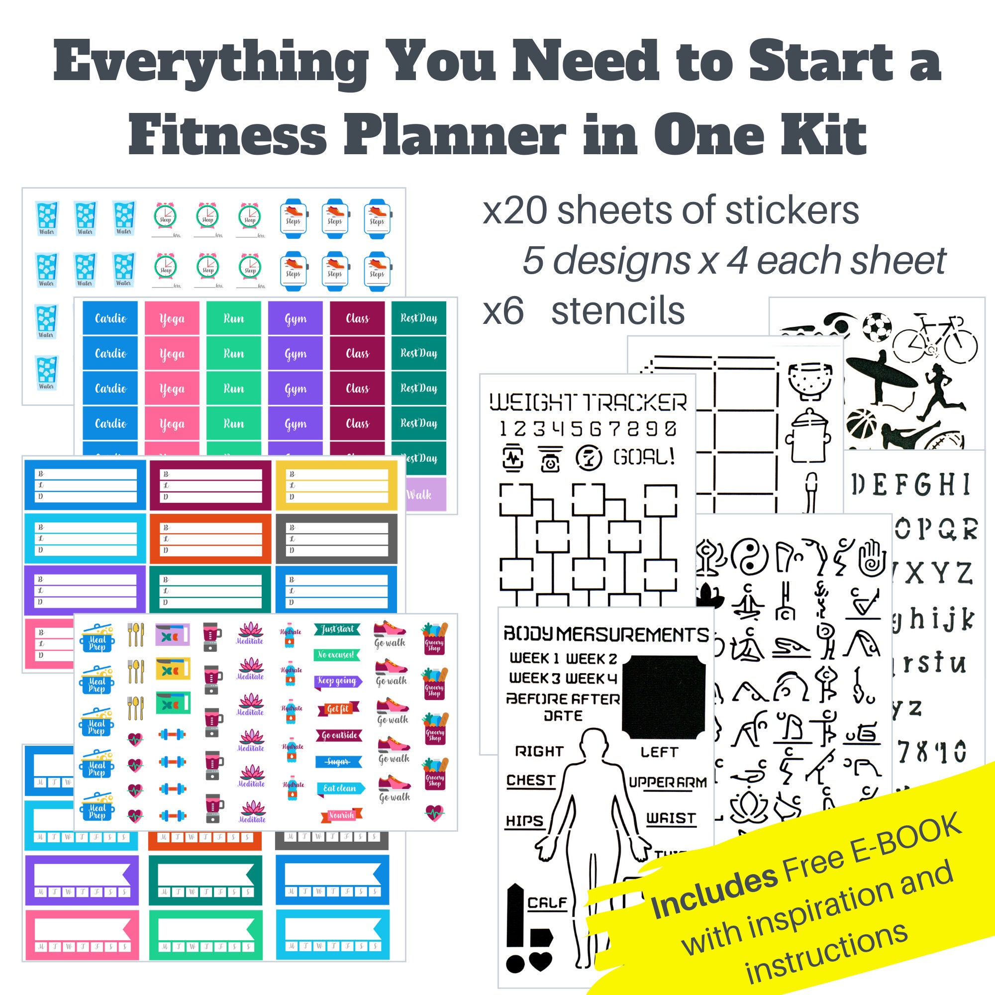 Health and Fitness Stickers & Stencils Set (x20 Sticker Sheets, X6 ...