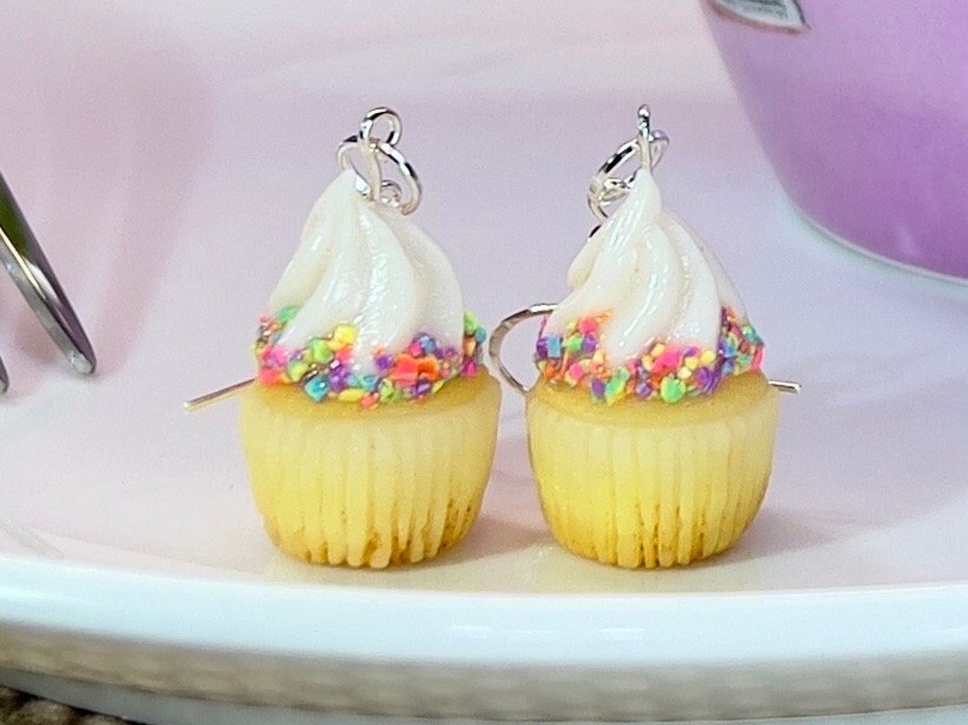 Birthday Cupcake Drop Earrings W/ Rainbow Funfetti Vanilla Cream ...