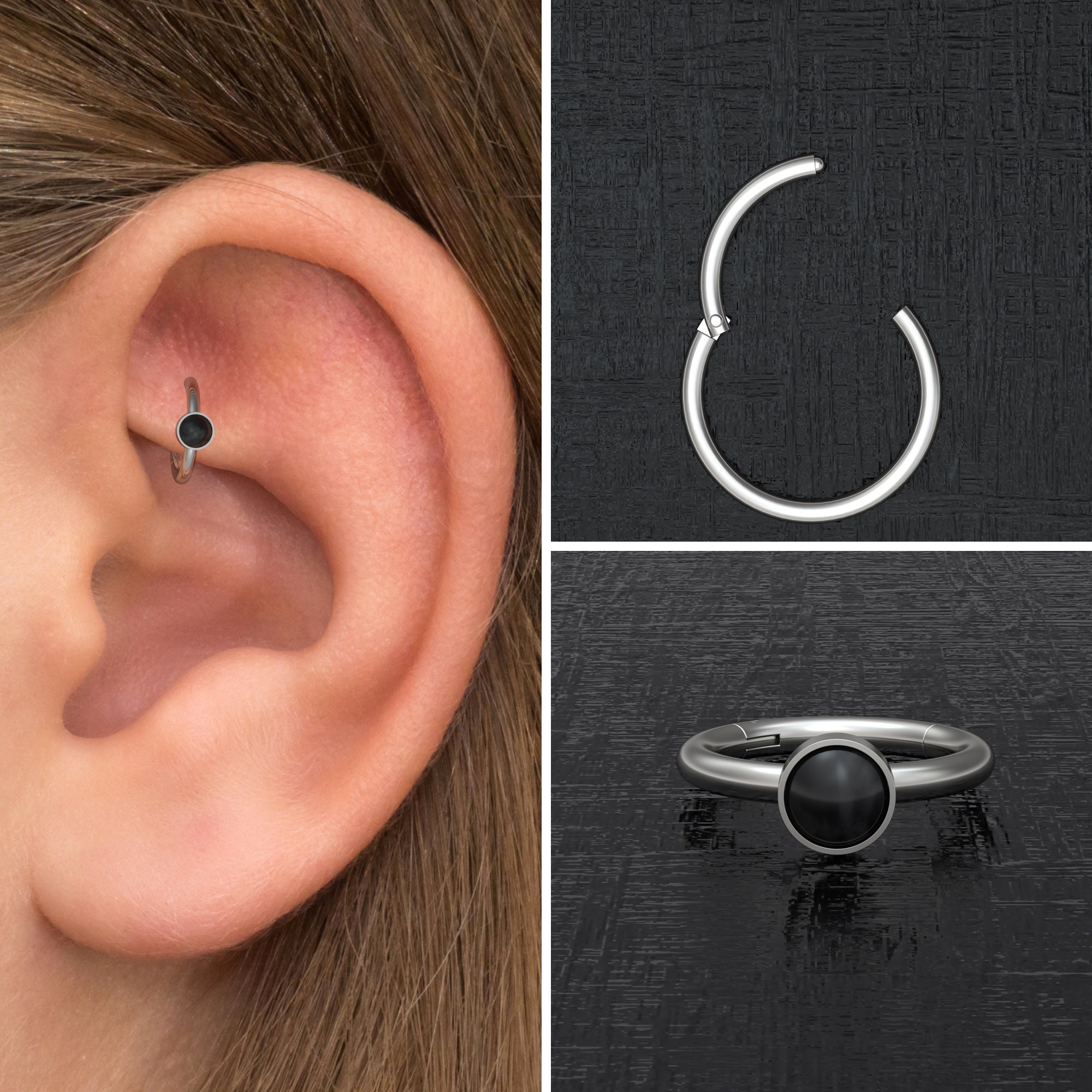 Titanium Conch Piercing, Onyx Tragus Hoop 18g 16g, Cartilage Hoop ...
