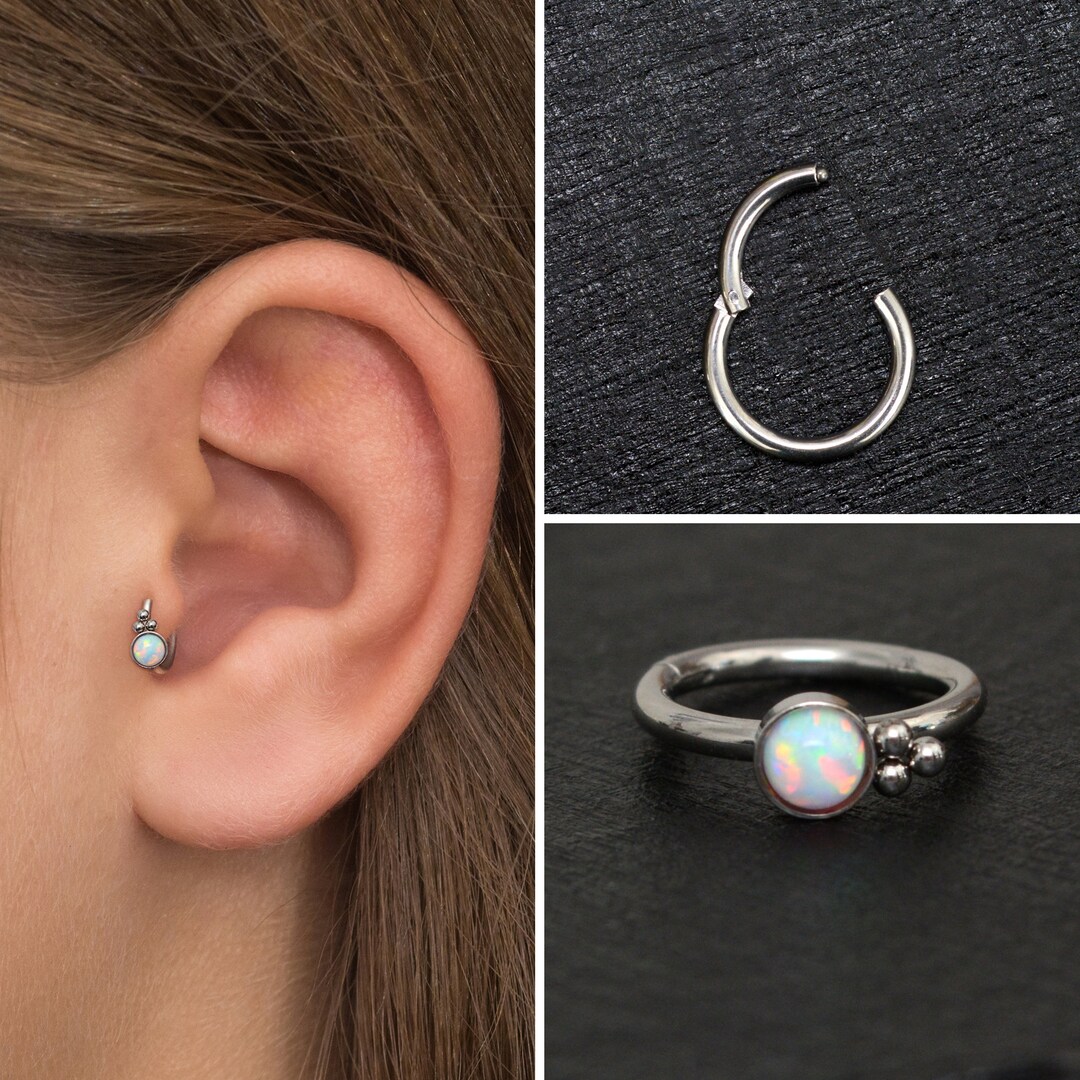Titanium Tragus Earring Hoop, Opal Cartilage Piercing, Rook Piercing ...