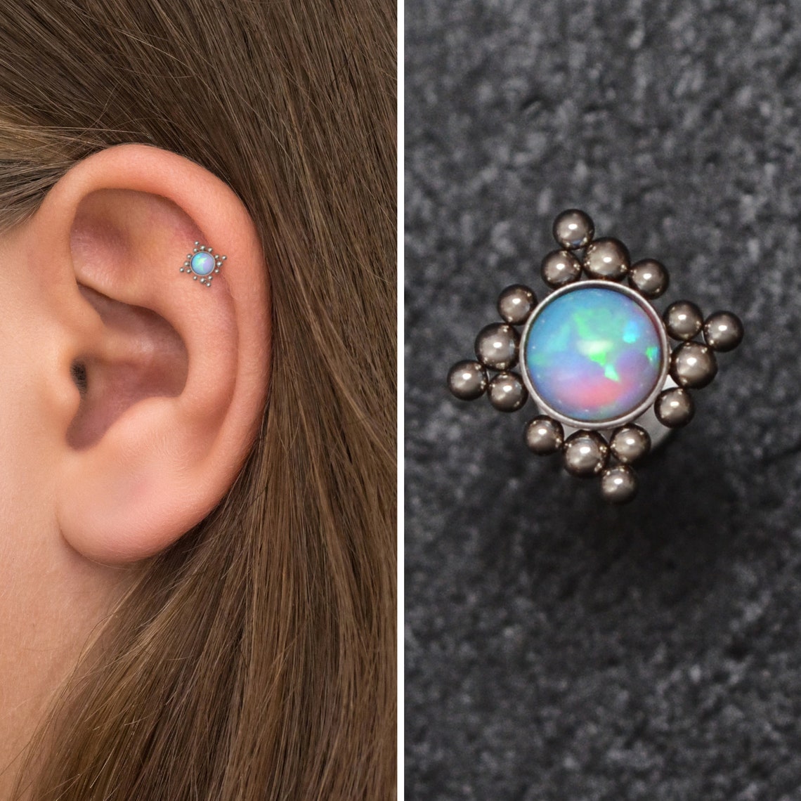 Opal Tragus Stud Titanium, Tragus Ring, Forward Helix Piercing, Conch ...