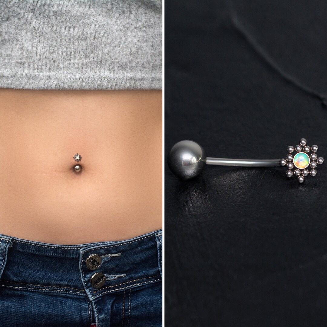 Opal Belly Ring Titanium, Navel Jewelry, Belly Button Jewelry, Curved ...