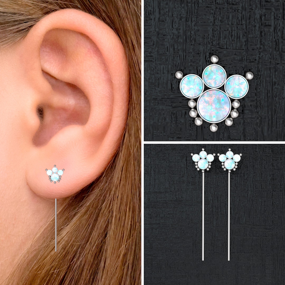 Opal Dangle Earrings, Ear Threader Earrings Surgical Steel, Long Post ...