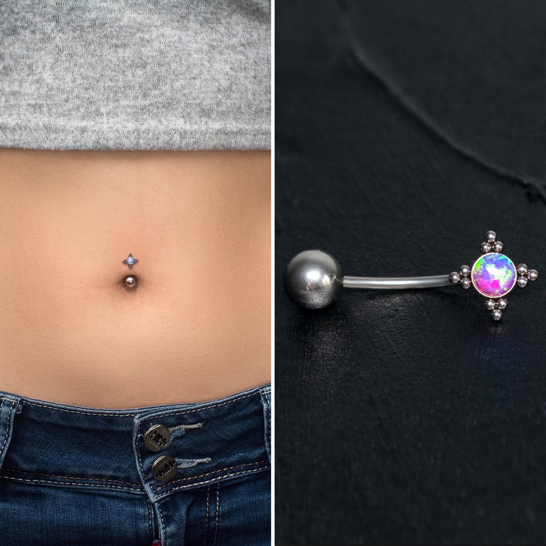 Navel Ring Titanium Implant Grade, Opal Belly Button Piercing, Navel ...