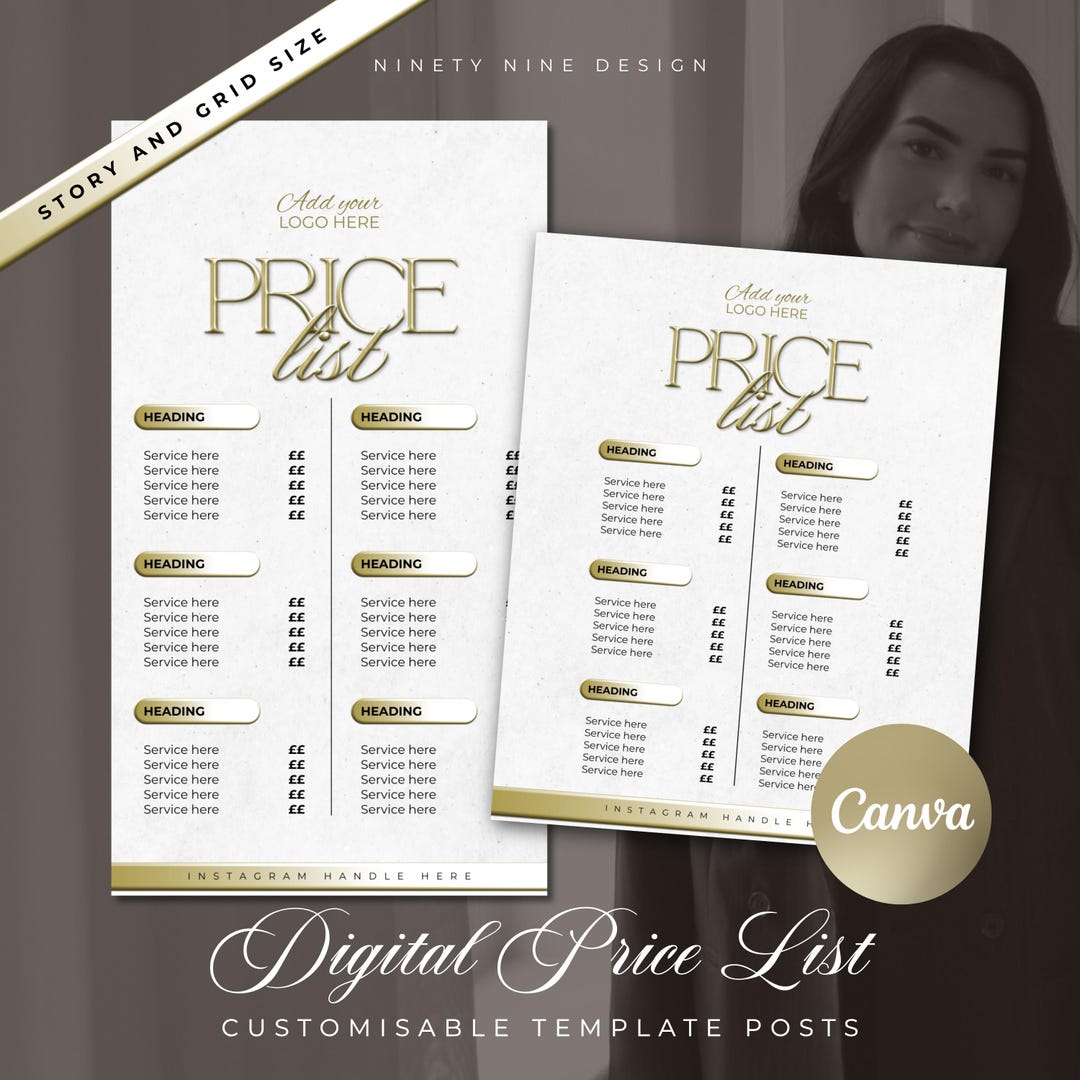 White and Gold Digital Price List Editable Post Customisable Template ...