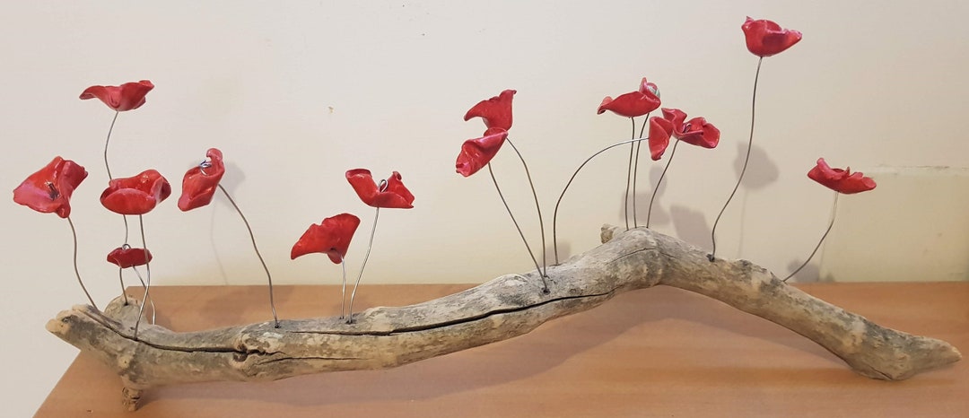 Table Centerpiece Pottery Flowers on Wood - Etsy