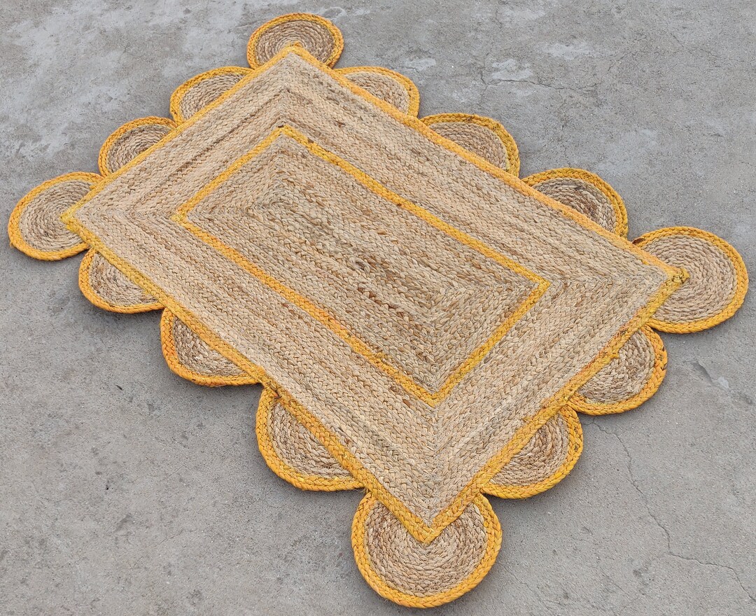Scalloped JUTE AREA RUG Multiple Border Jute Rugs Indian Handmade ...