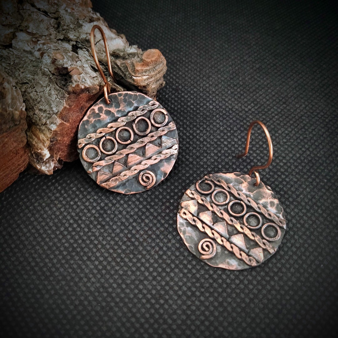 Ethnic Copper Earrings, Hammered Copper Earrings, Copper Disc Earrings ...