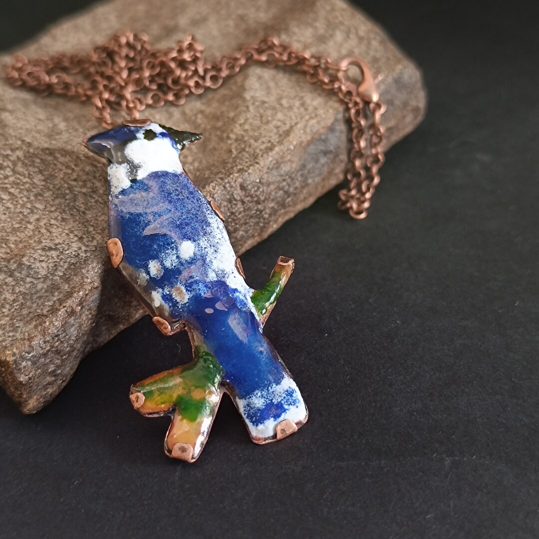 Fire Enameled Bird Necklace, Blue Jay Necklace, Copper Enamel Necklace ...