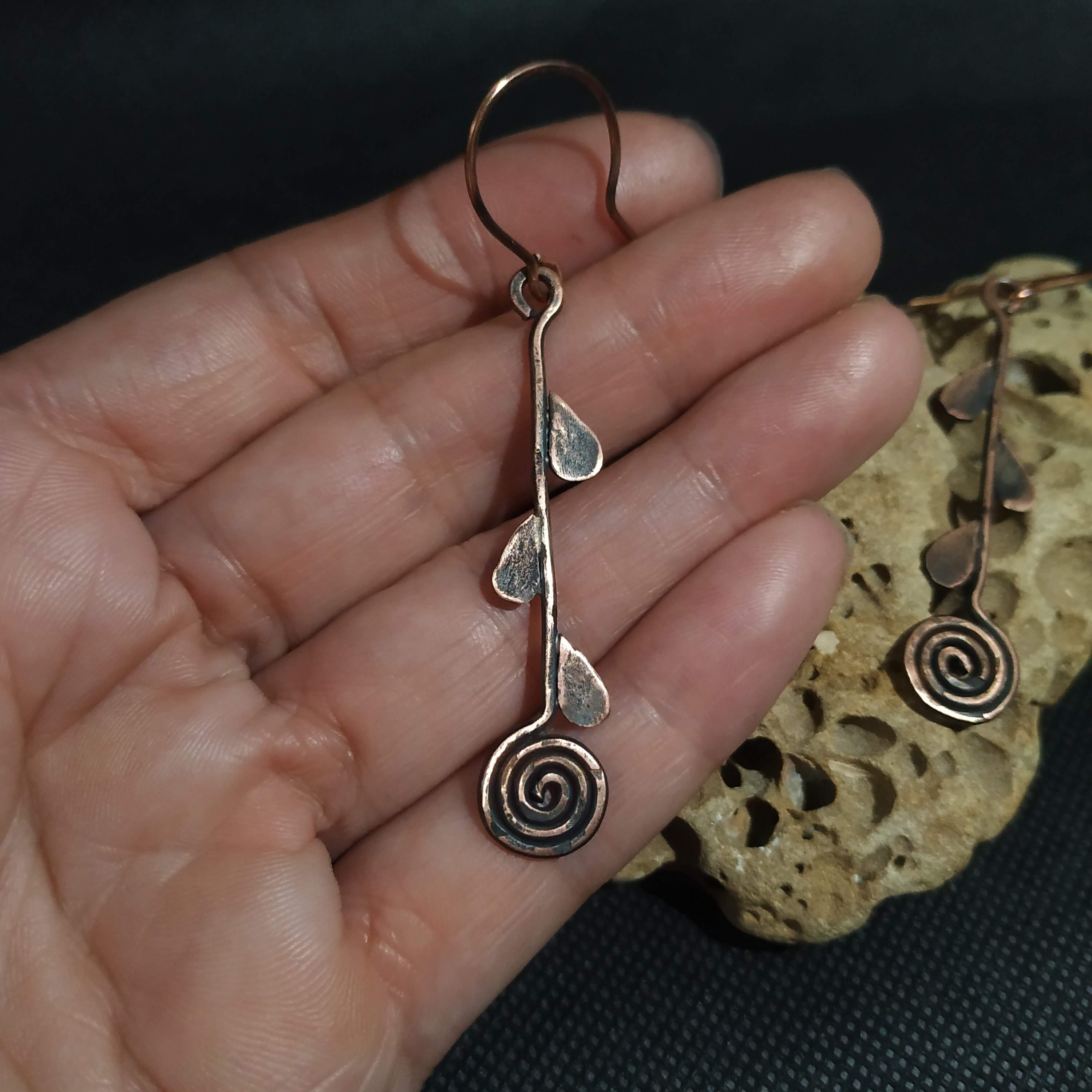 Spiral Copper Earrings, Long Drop Copper Earrings, Handmade Rustic ...