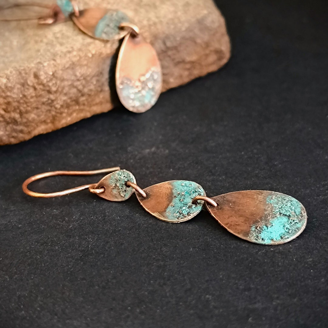 Pure Copper Tear Drop Earrings, Long Dangle Teardrop Earrings, Blue ...