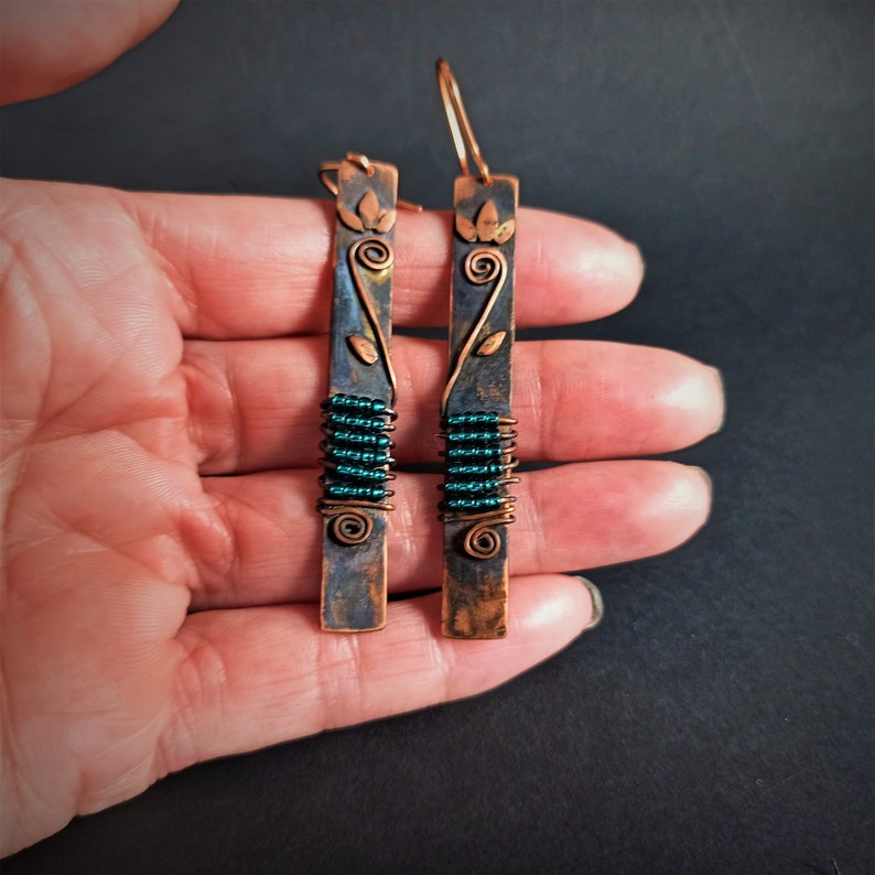 Long Copper Earrings, Rustic Copper Earrings, Flower Dangle Earrings ...