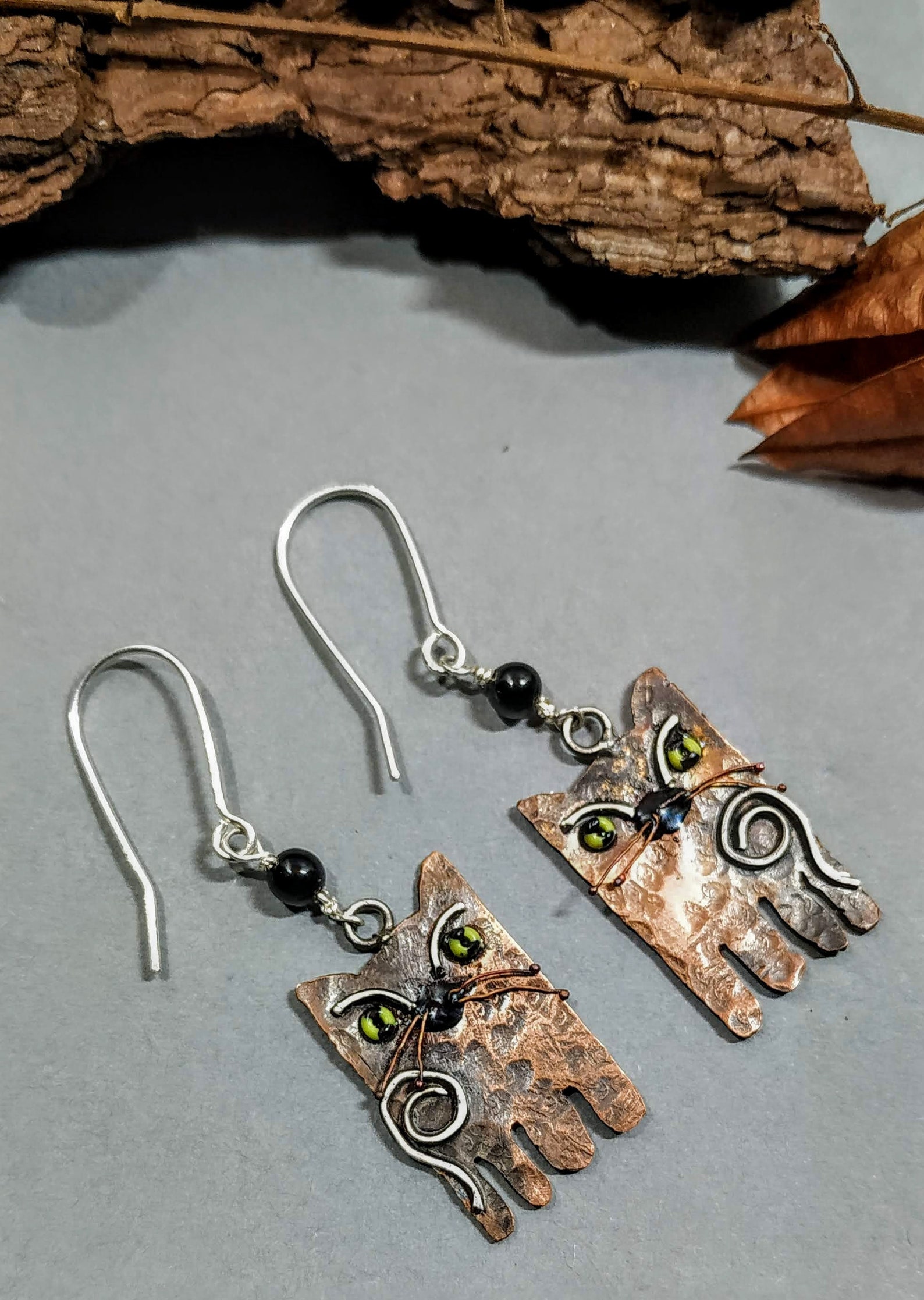 Copper Cat Earrings, Tiny Drop Earrings, Rustic Cat Earring, Handmade ...