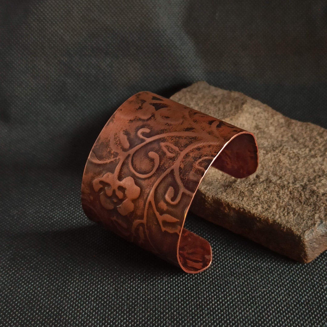 Wide Copper Cuff Bracelet, Flower Bangle, Rustic Hammer Texture ...