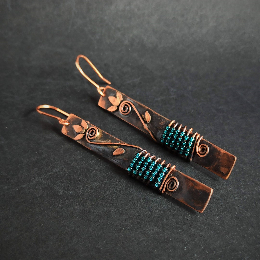 Long Copper Earrings Rustic Copper Earrings Flower Dangle - Etsy