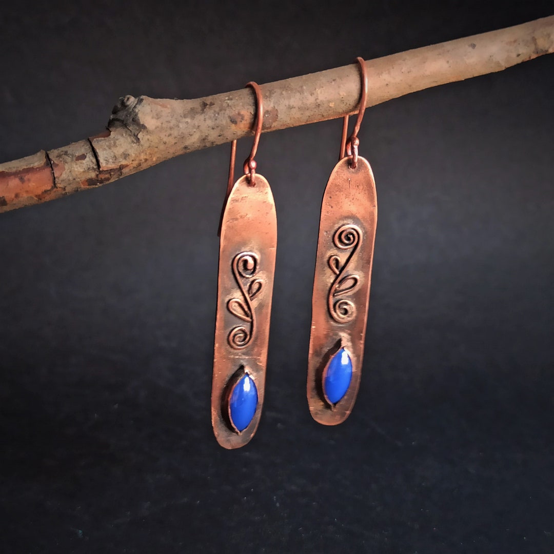 Long Copper Earrings Rustic Copper Earrings Dangle Drop Oval - Etsy