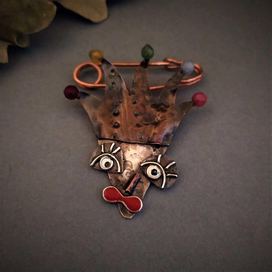 Vintage Clown Brooch, Jester Face Brooch, Silver Clown Jewelry, Enamel ...