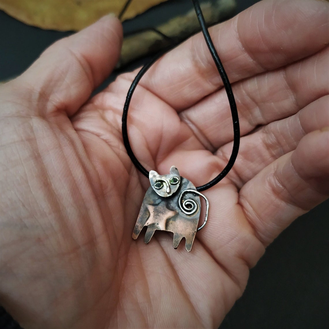 Copper Cat Necklace Rustic Cat Jewelry Copper and Silver Cat - Etsy
