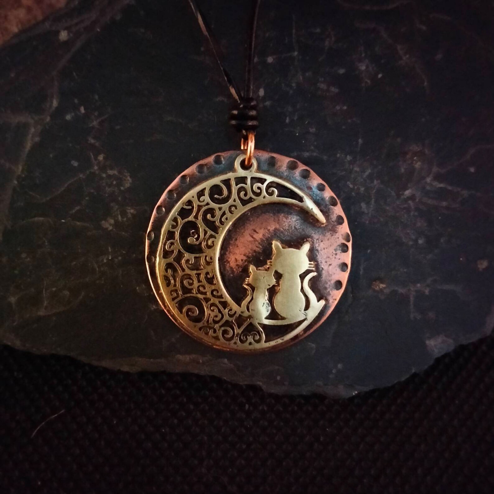 Cat and Moon Necklace Cat Locket Necklace Rustic Copper | Etsy