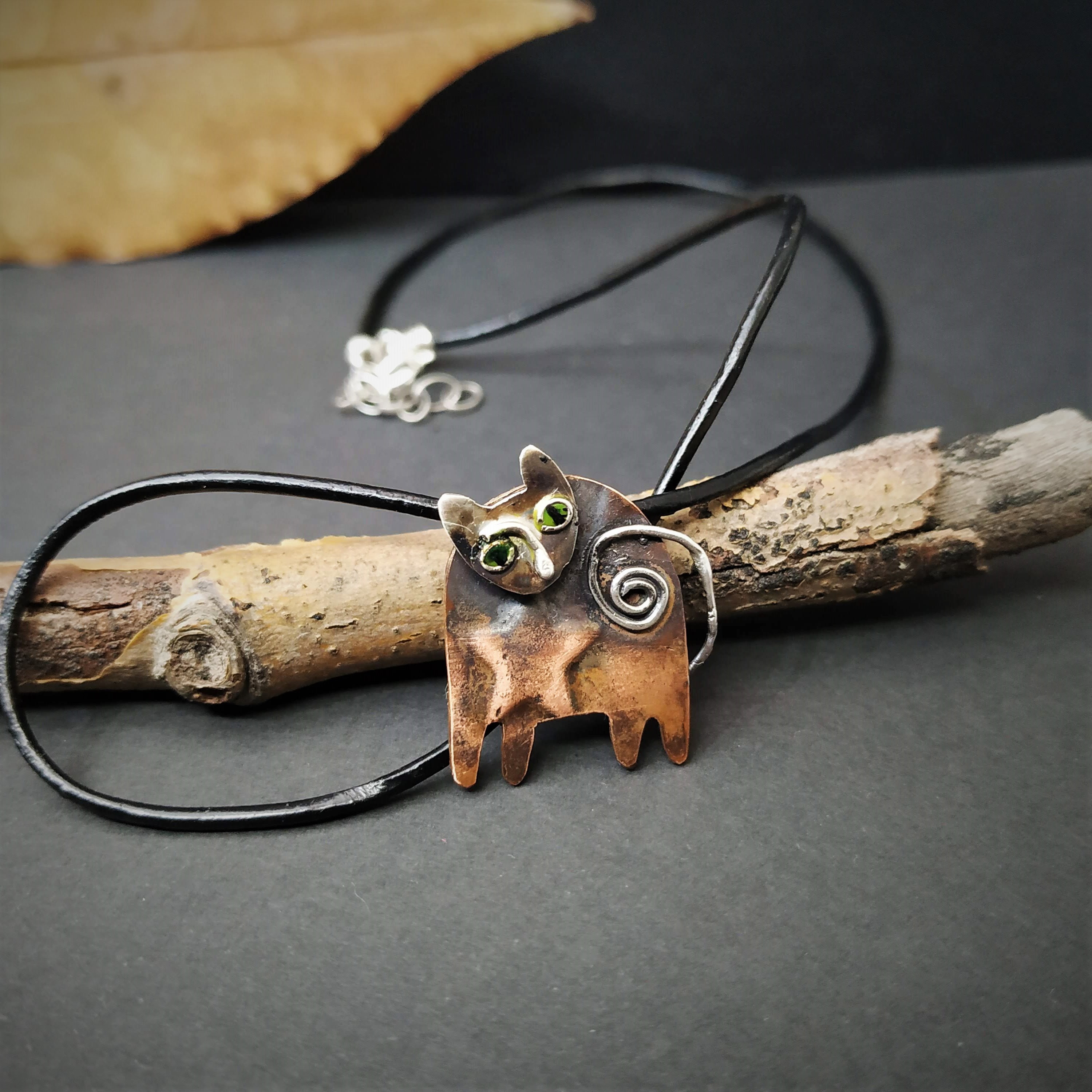 Copper Cat Necklace Rustic Cat Jewelry Copper and Silver Cat - Etsy