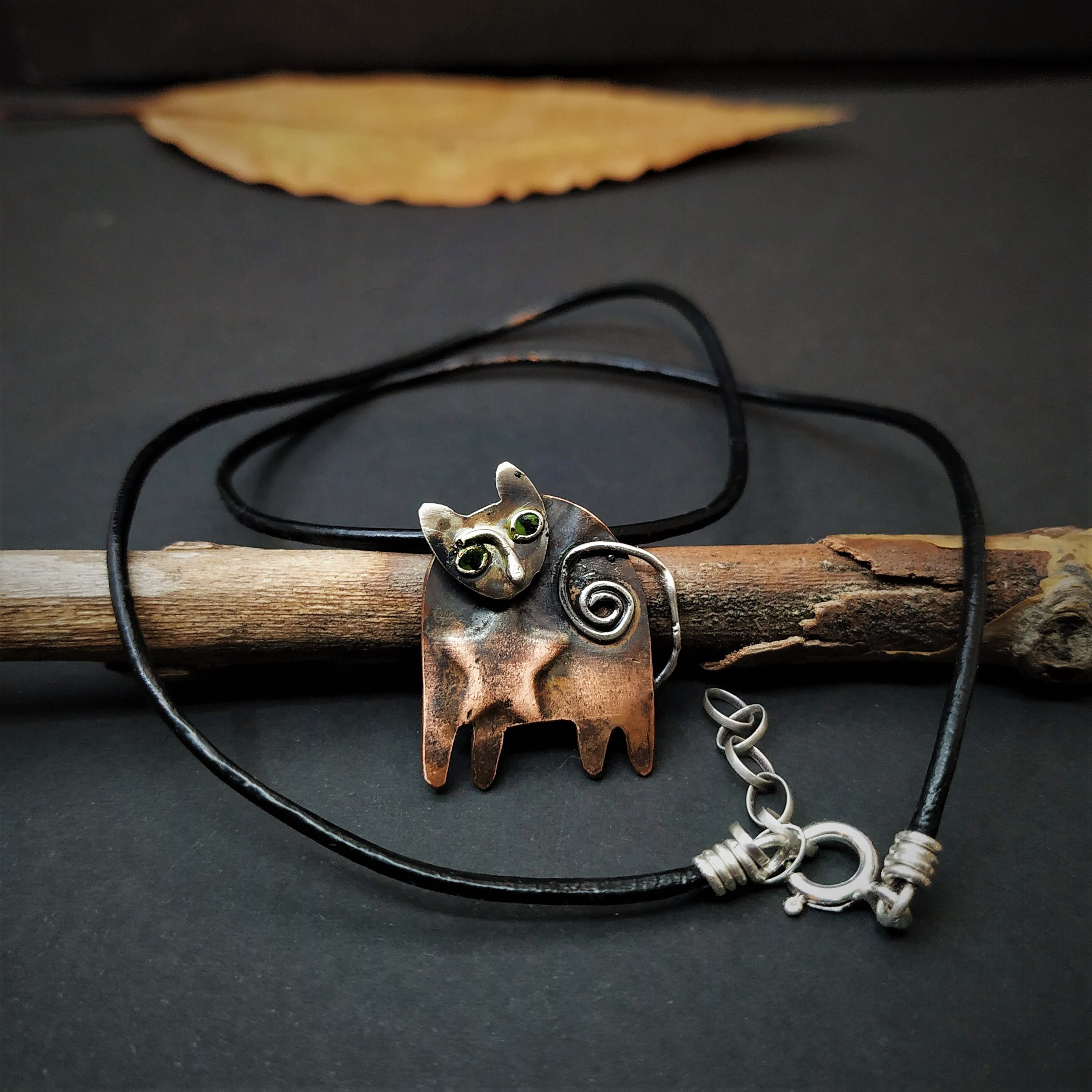 Copper Cat Necklace Rustic Cat Jewelry Copper and Silver Cat - Etsy