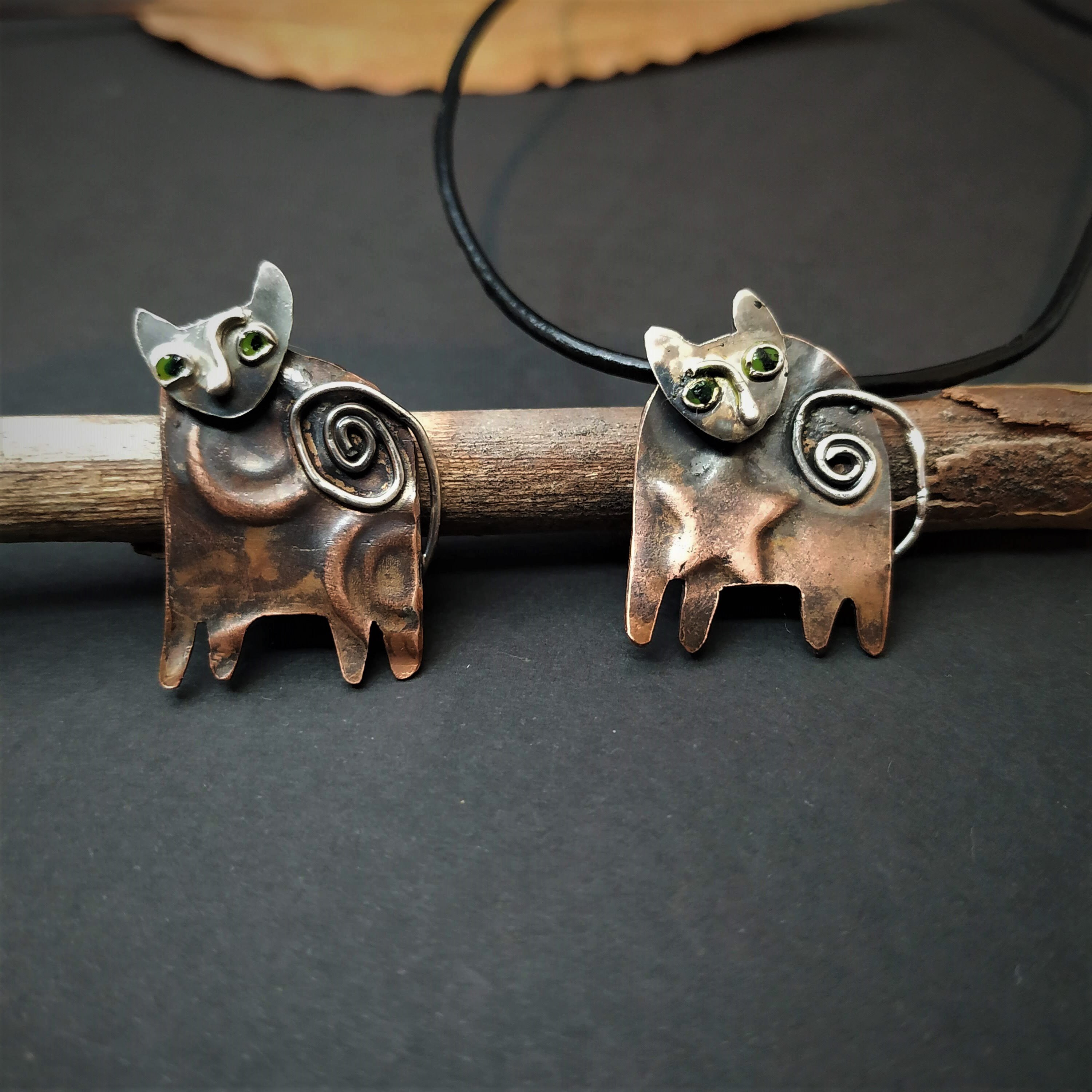 Copper Cat Necklace Rustic Cat Jewelry Copper and Silver Cat - Etsy