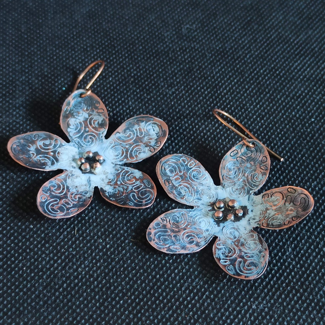 Large Copper Flower Earrings, Statement Flower Earrings, Patina Jewelry ...