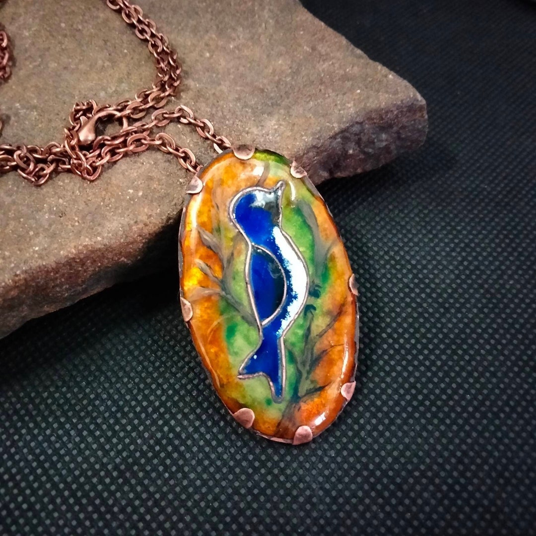 Enameled Bird Necklace, Hand Painted Jewelry, Fire Enamelled Necklace ...