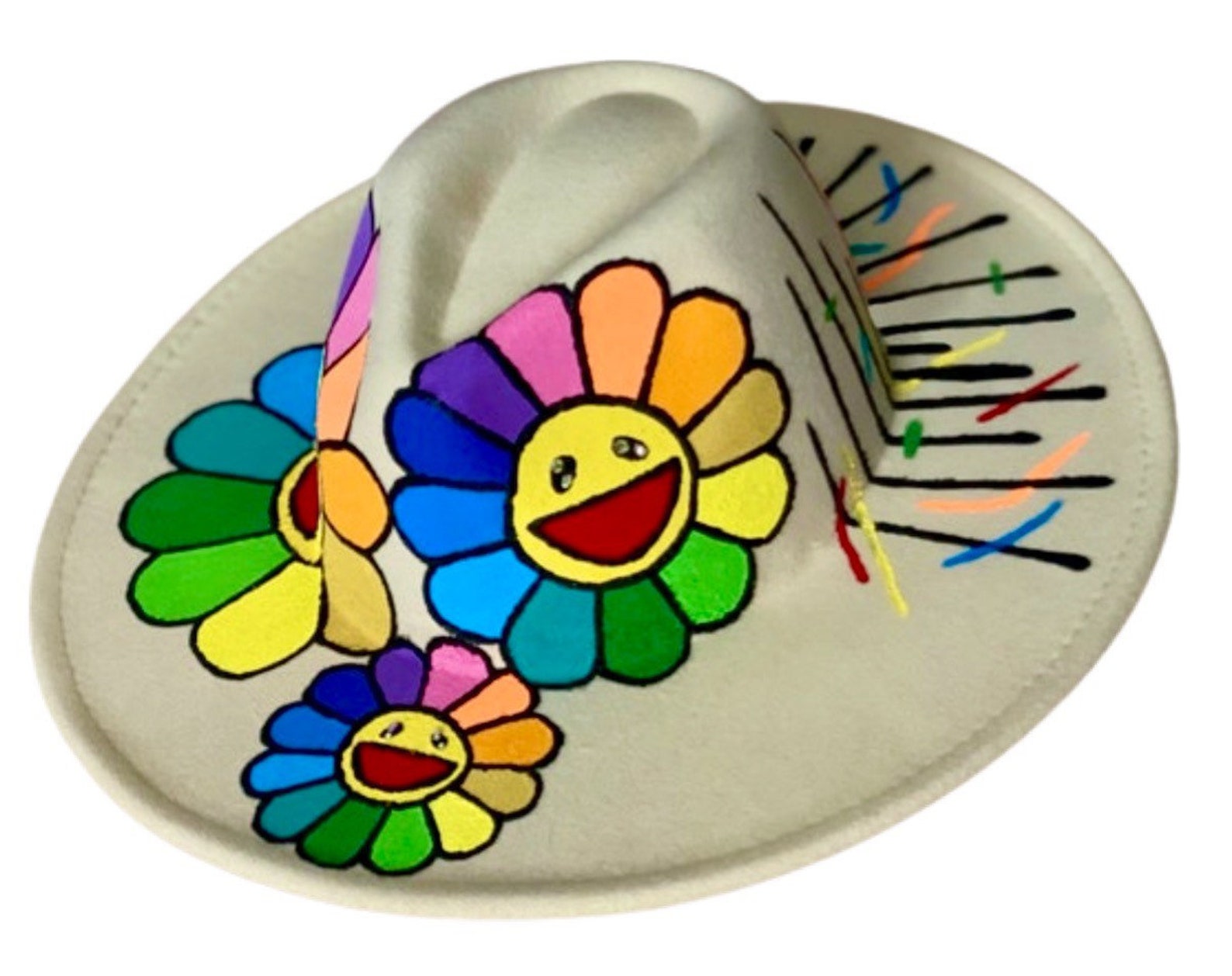 Colorful Murakami Inspired Fedora Hat Painted Hat Rainbow Fedora Smiley ...