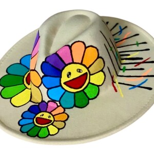 Colorful Murakami Inspired Fedora Hat Painted Hat Rainbow Fedora Smiley ...