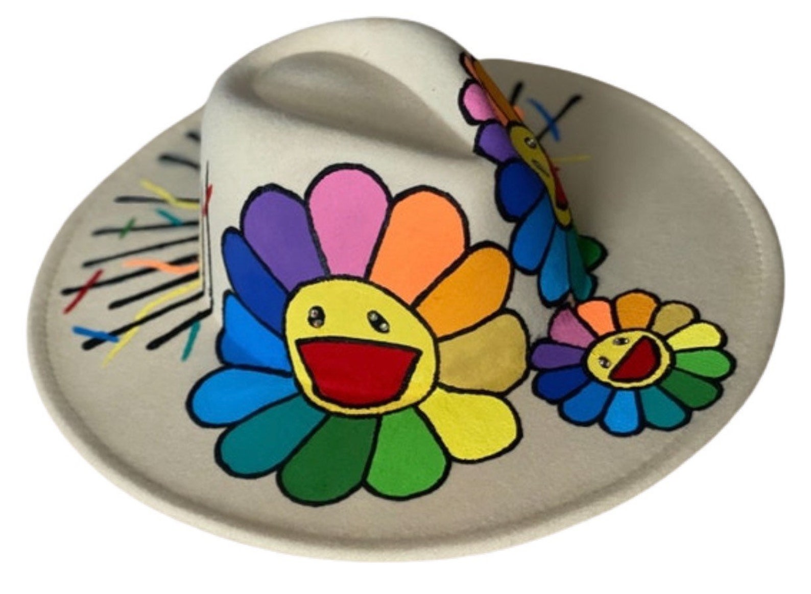 Colorful Murakami Inspired Fedora Hat Painted Hat Rainbow Fedora Smiley ...