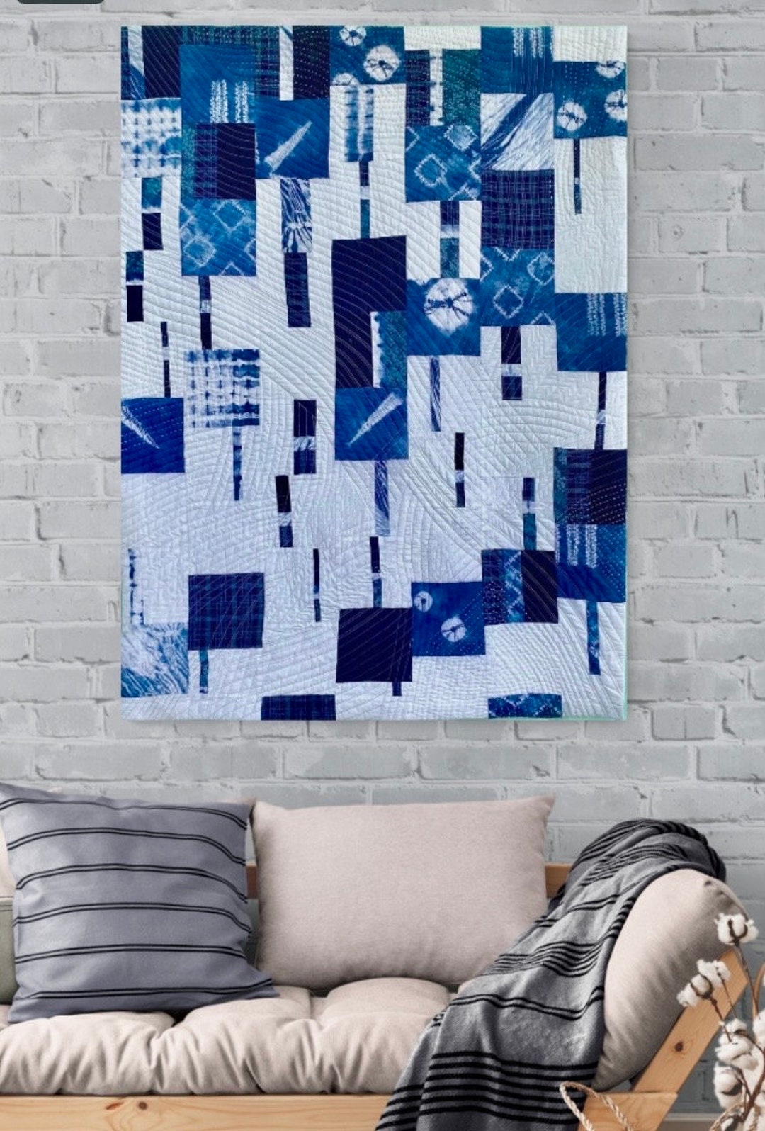 Shibory Indigo Wall Hanging Quilt Patchwork Wall Decor With Hand Dyed Indigo Fabrics Japanese ...