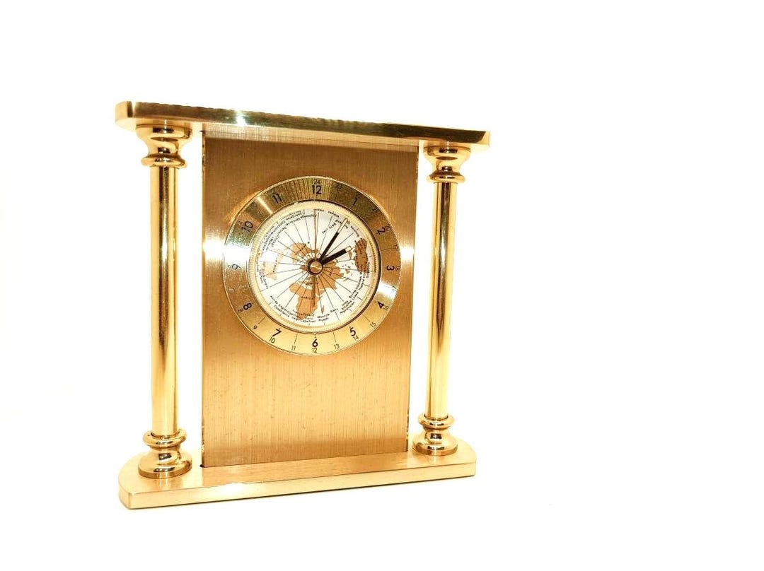 Vintage Brass Table Clock World Clock With Alarm 1980s Heavy Quality ...
