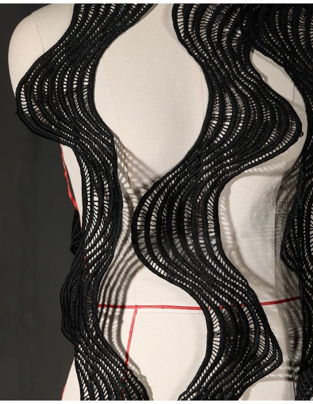 Dystopian Wave Lace Fabric - Black White Crescent Jacquard Trim ...