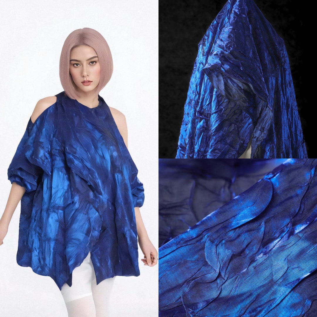 Deep Blue Water Wave Crinkled Tulle Fabric Irregular Pleated Texture ...