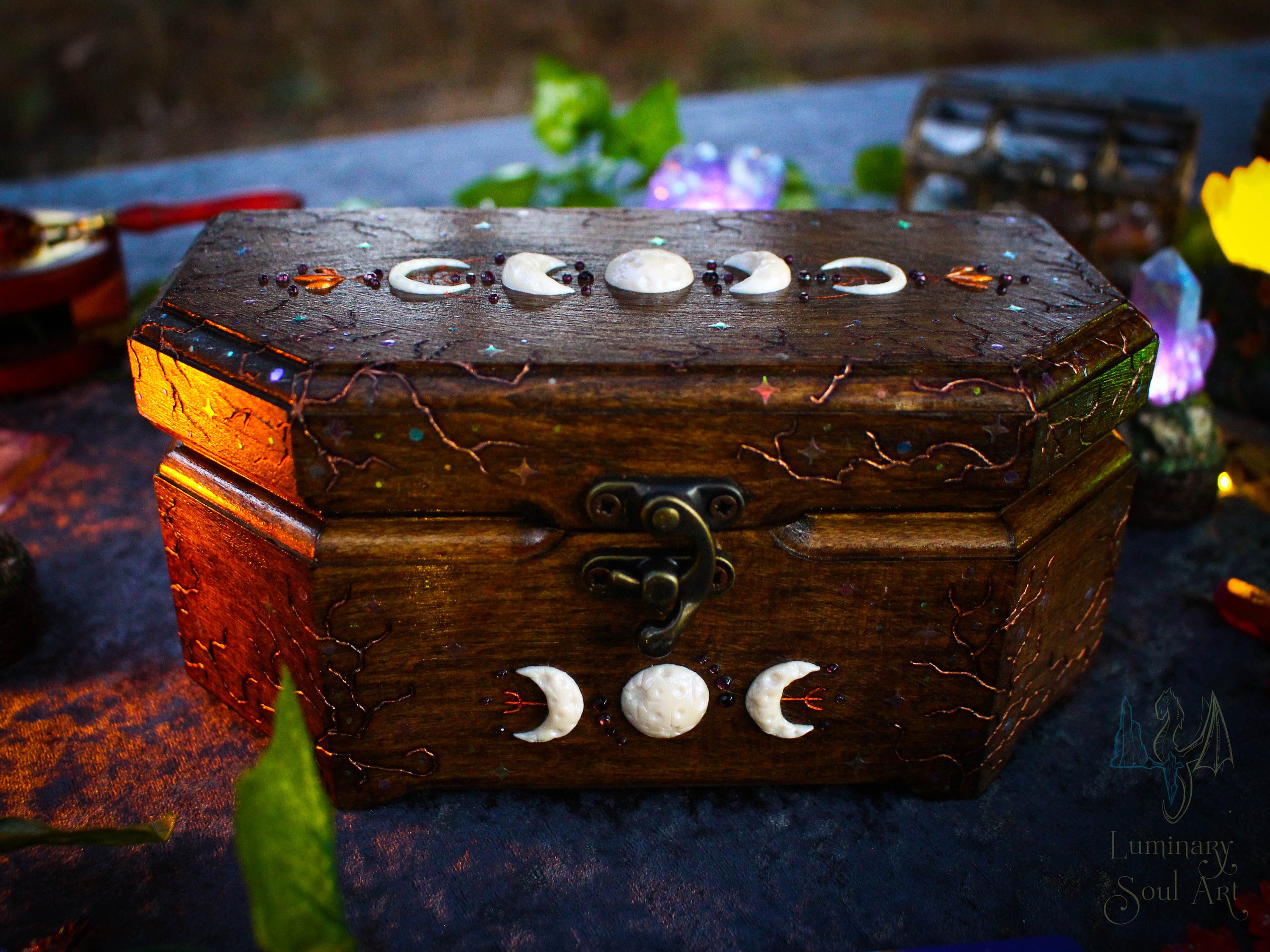 Moon Phases Stash Box, Wooden Fantasy Box, Witchcraft Triple Moon ...