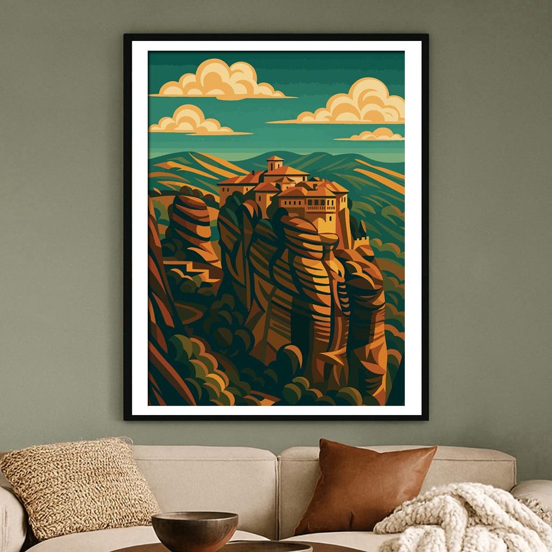 Meteora, Greece – Stylized Art Print of Cliffside Monasteries | Sepia ...