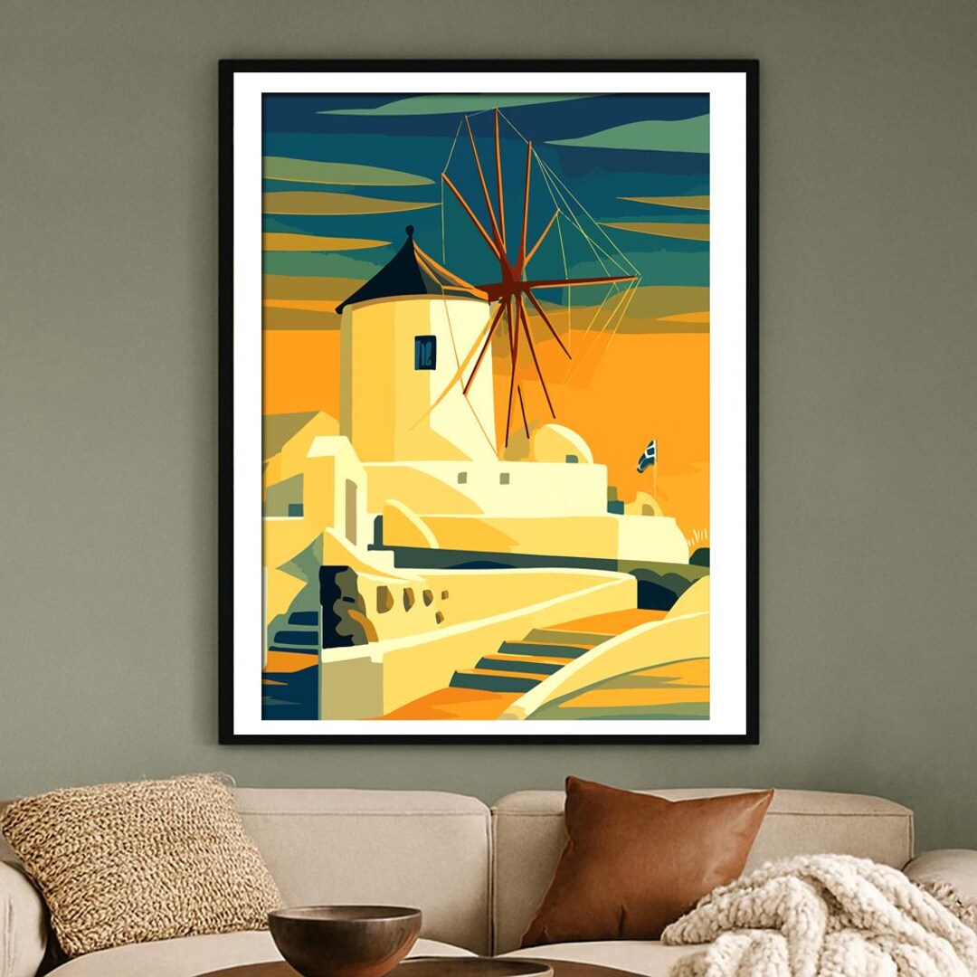 Santorini Windmill Sunset Art Deco – Mediterranean Art Print With ...