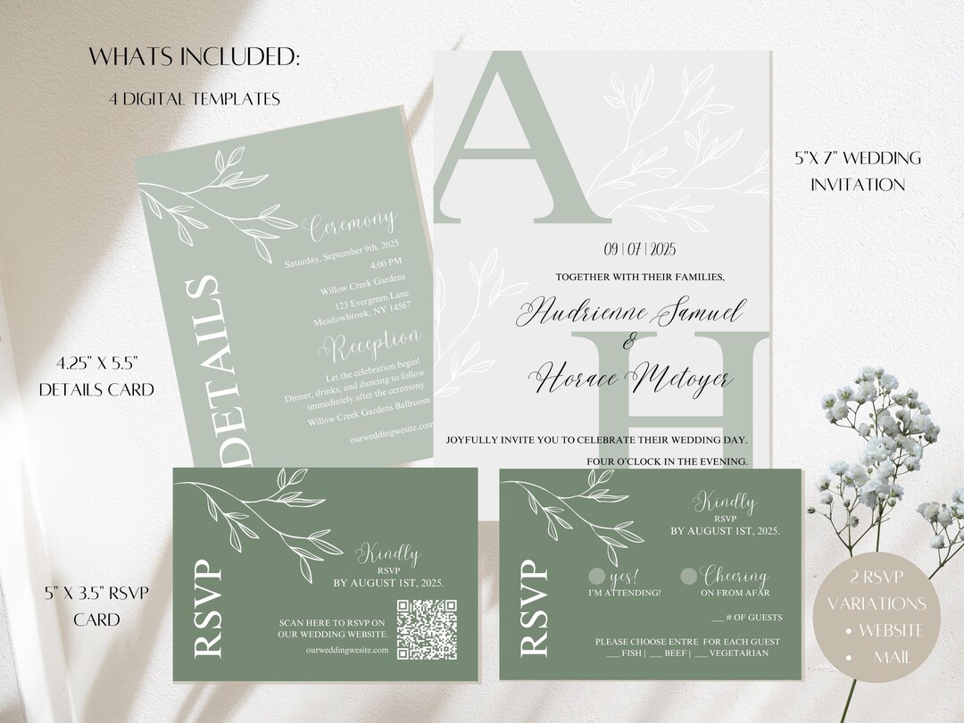 Sage Green Wedding Invitation Template | Digital Download | Canva ...