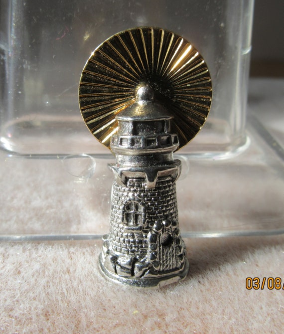 Vintage Avon Lighthouse Gold/Silver-Tone Brooch/Pin - Gem