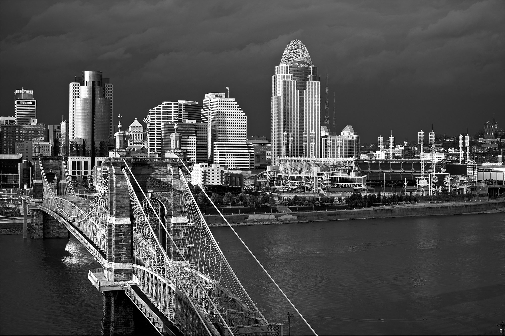 Black and White Photography, Cincinnati and Roebling Bridge in Stormy ...
