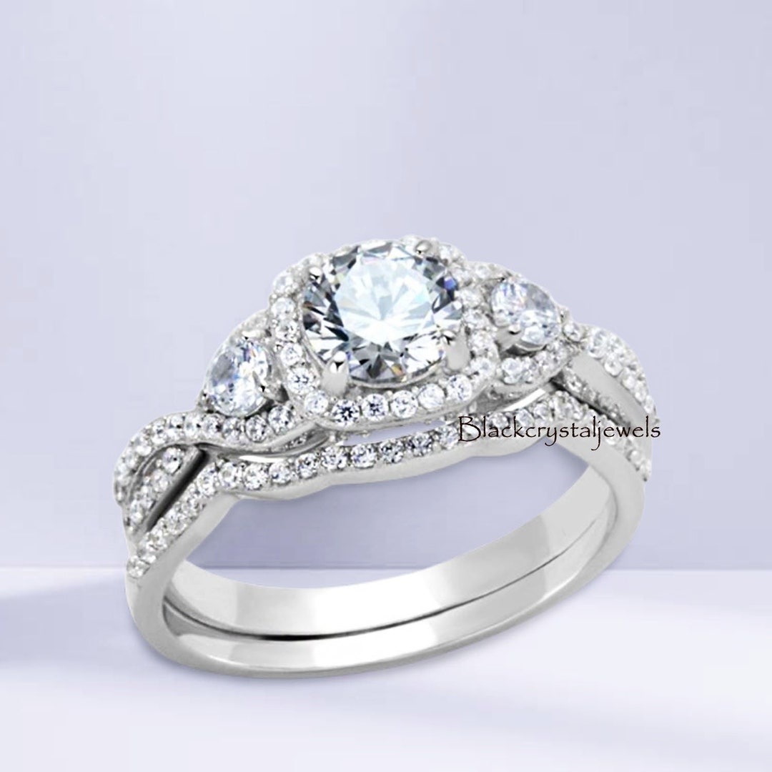 Infinity Bridal Ring Set, Round Diamond Cushion Shape Halo Ring Set ...