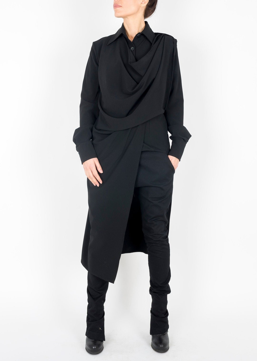 Black Oversize Tunic Topplus Size Maxi Shirtblack Casual Linen Shirtlong Sleeve Asymmetric